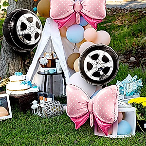 12 Pieces Burnouts or Bow Foil Balloons Black Car Wheel Balloons Gender Reveal Balloon Pink Polka Dots Bow Balloon Foil Balloons for Baby Shower Gender Reveal Wedding Birthday Party Decoration