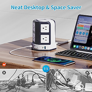 PD20W USB C Surge Protector Power Strip Tower, 10 FT Extension Cord with Multiple Outlets, HAFINO 8 Outlets with 4 USB Ports, Flat Plug Desktop Charging Station, Home Office Dorm Room Desk Essentials