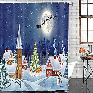 ArtSocket 4 Pcs Shower Curtain Set House Snowy Christmas Landscape Night with Non-Slip Rugs Toilet Lid Cover and Bath Mat Bathroom Decor Set 72" x 72"