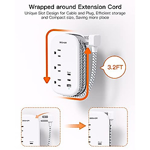 Flat Plug Power Strip, USB C Travel Power Strip Ultra Flat Extension Cord - 3 Outlets with 3 USB Ports(2 USB C), 3.2ft Wrapped Around Extension Cord for Cruise Ship, Travel, Dorm Room Essentials