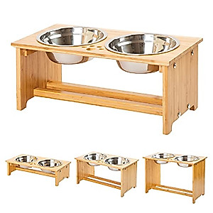 FOREYY Raised Pet Bowls for Small and Medium Dogs, Bamboo Elevated Dog Cat Food and Water Bowls Stand Feeder with 2 Stainless Steel Bowls and Anti Slip Feet (New 7'' Tall)