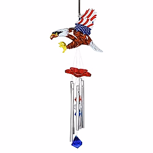Exhart Wind Chimes, WindyWings Patriotic Eagle Wind Chime with Fluttering American Flag Wings, Outdoor Plastic and Metal Lawn and Yard Decoration, 9 x 6 x 18 Inch