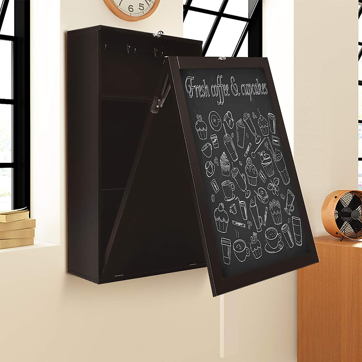 Tangkula Folding Wall Mounted Desk, Floating Desk with Chalkboard, Space Saving Fold Up Desk Wall Mounted Convertible Desk, Wall Mounted Table with Storage Shelves & Hooks (Espresso)
