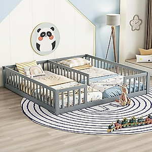 DEYOBED Double Bed, Twin Size Floor Bed with Fence and Guardrails, Minimalistic Wood Bed Without Door for Kids, Boys, Girls, Bedroom, 2 Twin Bed in One Design, Easy to Assemble, Gray