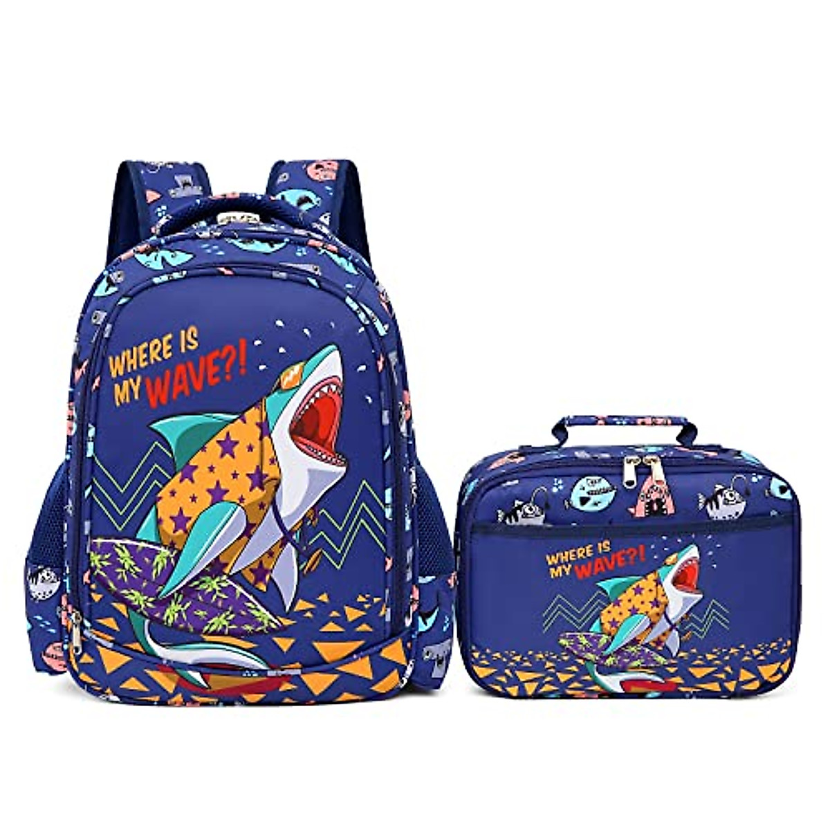 Backpack for Boys Dorlubel Lightweight Shark School Backpack with Insulated Lunch Tote Preschool Kindergarten Elementary Book Bag Set With Chest Strap(Shark Wave)