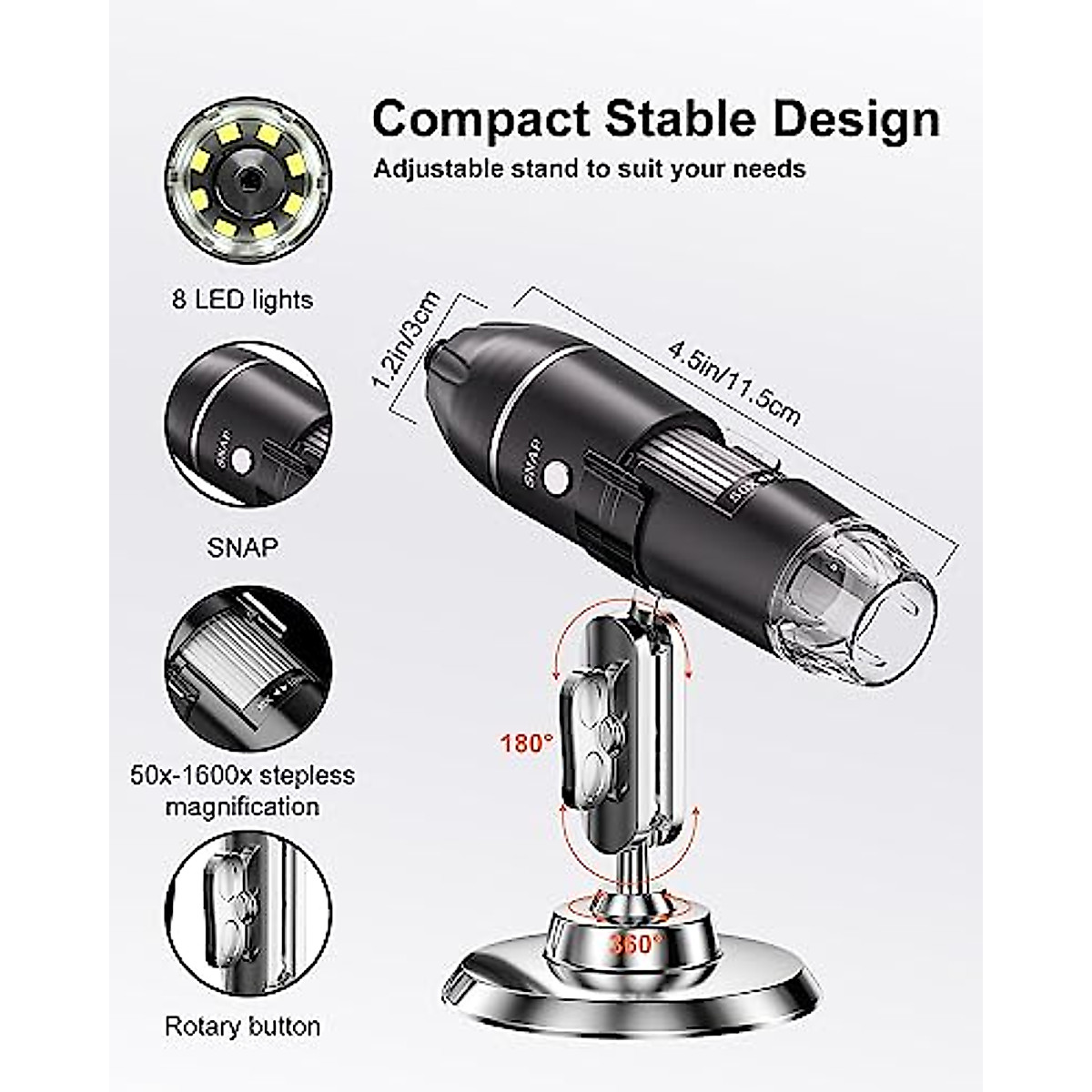Digital Microscope Camera, Aopick Handheld USB 1440P HD Inspection Camera 50x-1600x Magnification Portable Handheld Pocket Microscopes with 8 LED & Stand, Compatible with iPhone, Android