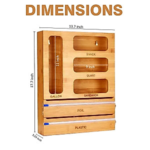 YoBa Bamboo Ziplock Bag Organizer for Drawer with Plastic Wrap Dispenser, Compatible with Gallon, Quart, Sandwich, Snack and Aluminum Foil Roll