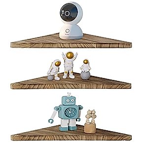 Amy Dceom Corner Wall Shelves Set of 3, Rustic Wood Corner Floating Shelves, Wall Mount Storage Display for TV Accessories, Baby Monitor, Speaker, Cable Box, Game Console (Natural)