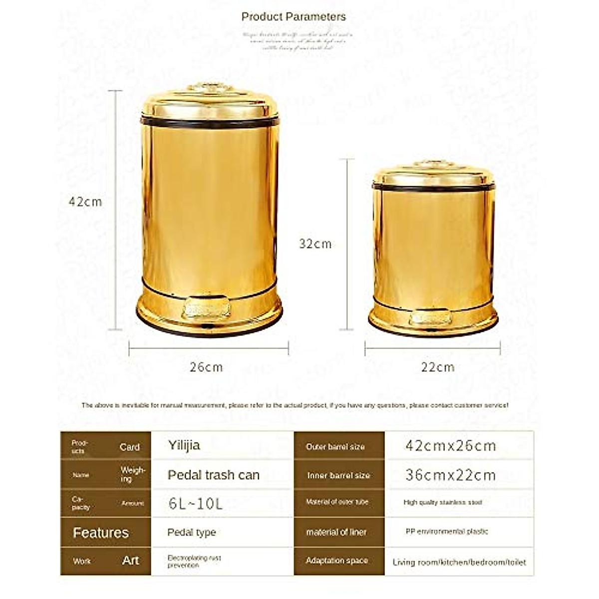 CZDYUF Golden Pedal Metal Trash Can Upscale Hotel Villa Kitchen Living Room Bathroom Covered Garbage Storage Bucket Dustbin ( Size : 10L )