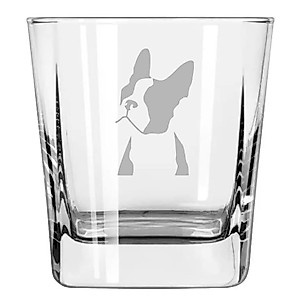 MIP Brand 12 oz Square Base Rocks Whiskey Double Old Fashioned Glass Boston Terrier Face