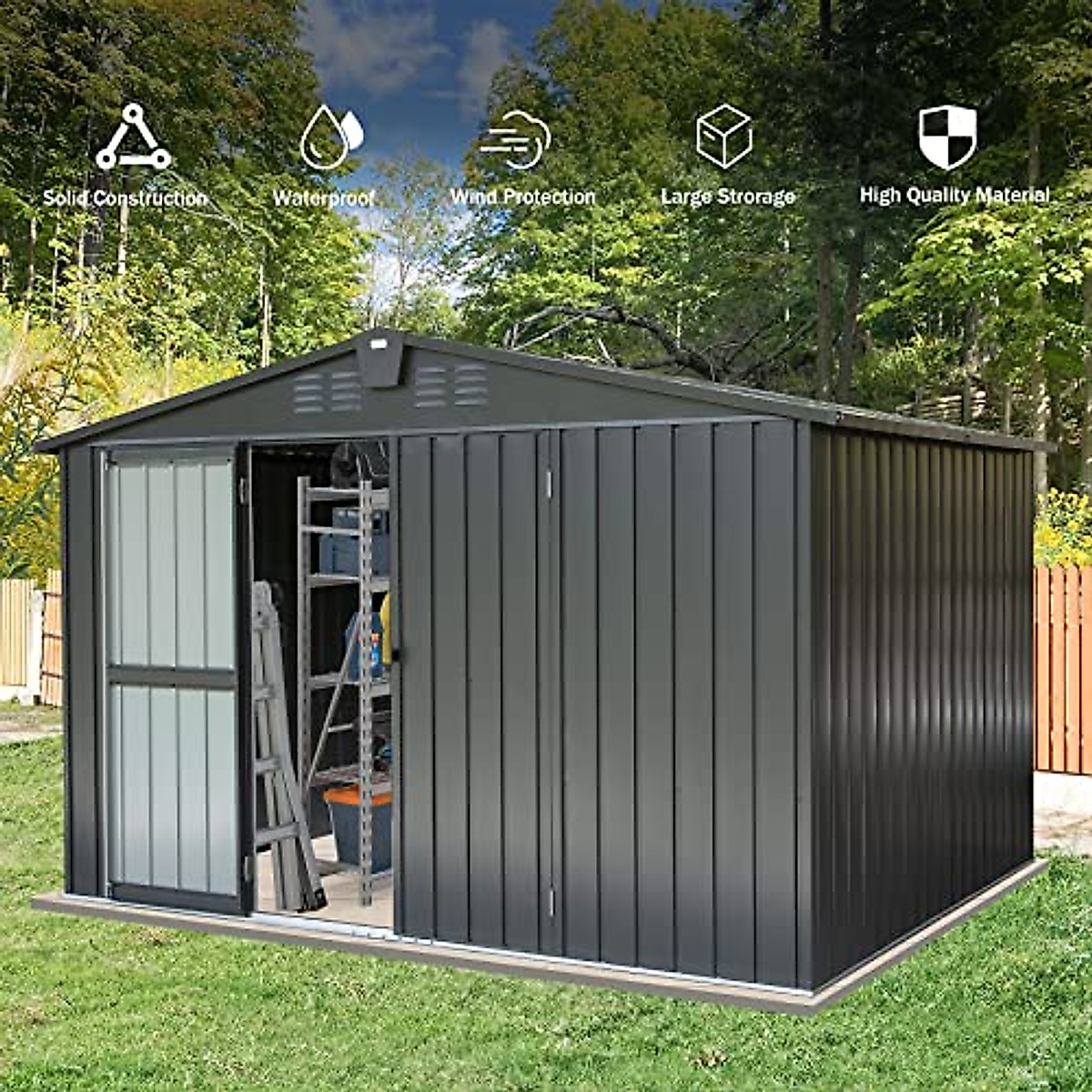Domi Outdoor Storage Shed 10'x 8', Metal Garden Shed for Bike, Trash Can, Tools, Lawn Mowers, Pool Toys, Galvanized Steel Outdoor Storage Cabinet with Lockable Door for Backyard, Patio, Lawn…