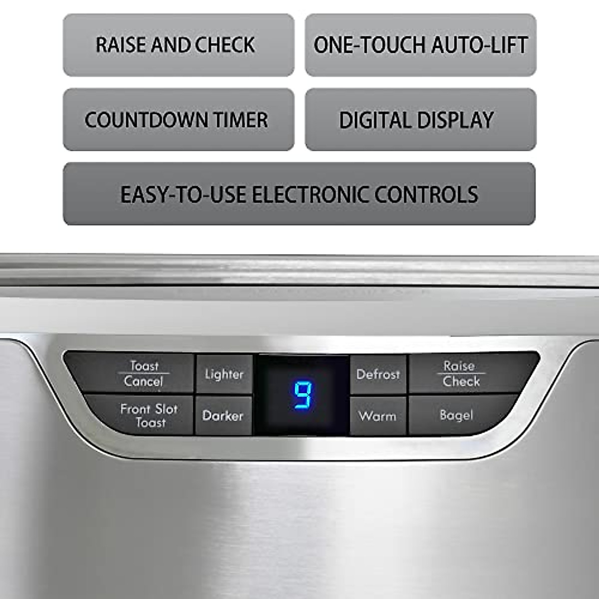 Kenmore Elite 4-Slice Long Slot Toaster Silver, One-Touch Auto-Lift, Stainless Steel, Adjustable Browning, Defrost, Digital Countdown Timer, Retractable Cord, Toast, Bagels, Waffles, English Muffins