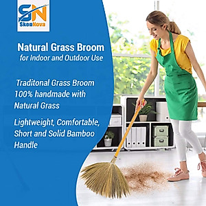 SKENNOVA - Set of Loincloth Fabric Broom Bag & Thai Traditional Grass Broom Vintage Style with Bamboo Brown Handle & Hand Grip with Wire Length 40-41-inch x Width 20-24-inch