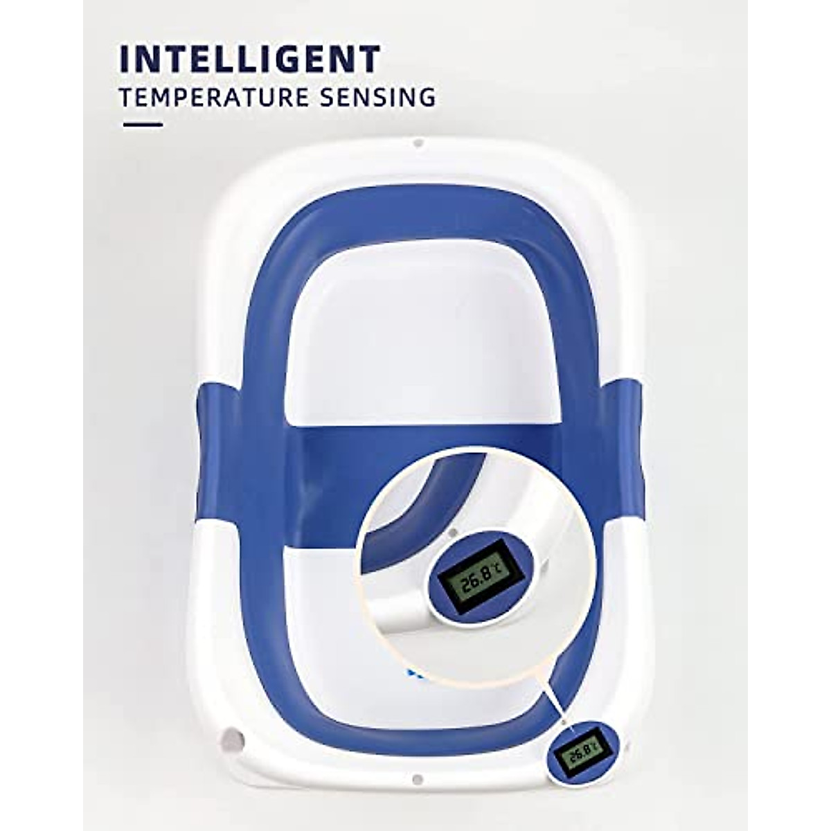 NAPEI Collapsible Baby Bathtub,Baby Bath Tub with Soft Cushion & Thermometer,Portable Travel Bathtub with Drain Hole,Durable Baby Bathtub Newborn to Toddler 0-36 Months(Blue+ Floating Soft Cushion)