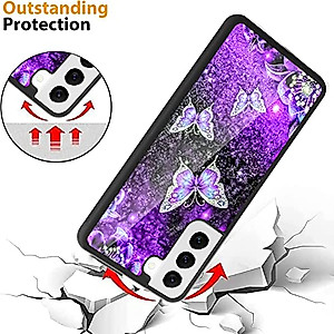 Tjkings for Samsung Galaxy S21 6.2 inch Case, [Screen Protector+Kickstand] Glitter Purple Butterfly Nebula Space Tire Design Hard PC+TPU Bumper Slim Anti-Scratch Shockproof for Samsung Galaxy S21