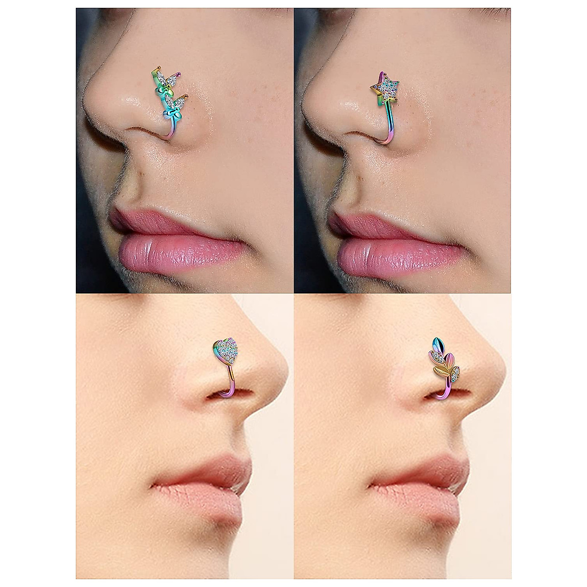 Vsnnsns Fake Nose Ring Stud Stainless Steel 20G Faux Septum Nose Piercing Jewelry Clip On Nose Ring Cuffs Non Piercing Nose Hoop Ring for Women Men 9pcs Rainbow