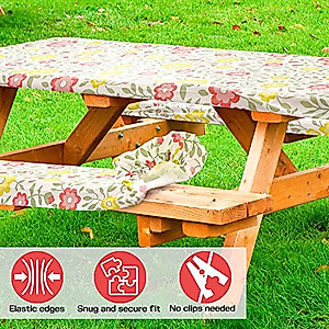 LINPRO 8ft Fitted Picnic Table Cover with Bench Covers. Vinyl Outdoor Camping Picnic Tablecloth, 3 Piece Set Camping Gear. Waterproof, Stain Resistant, Reusable. Flannel Backing with Elastic Edges.96