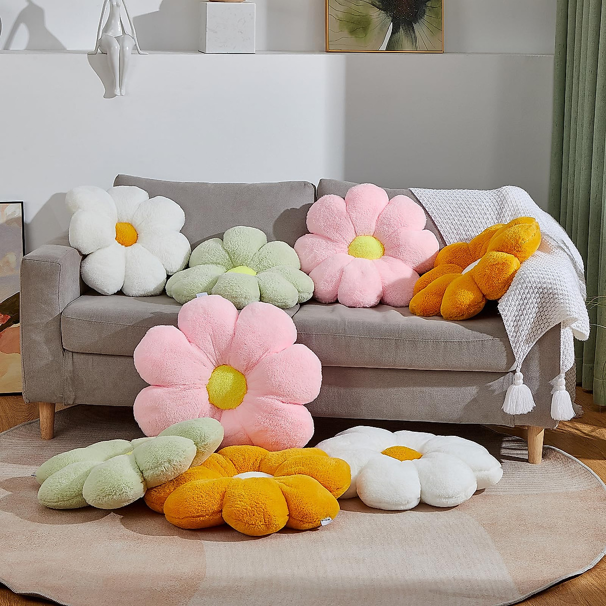 Ailive 17.7In Cute White Daisy Flower Shaped Kids Throw Pillow Flower Throw Pillow Floor Pillow Cushion Sunflower Pillow Decorative Pillow for Kids Teens Tweens Girls.