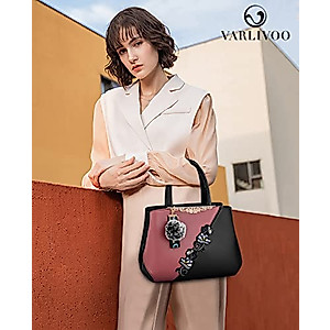 VARLIVOO Women Top-Handle Bag Flower Pattern Shoulder Bag Pom Pom Decoration Ladies Tote Bag Messenger Bag Travel Waterproof PU Leather