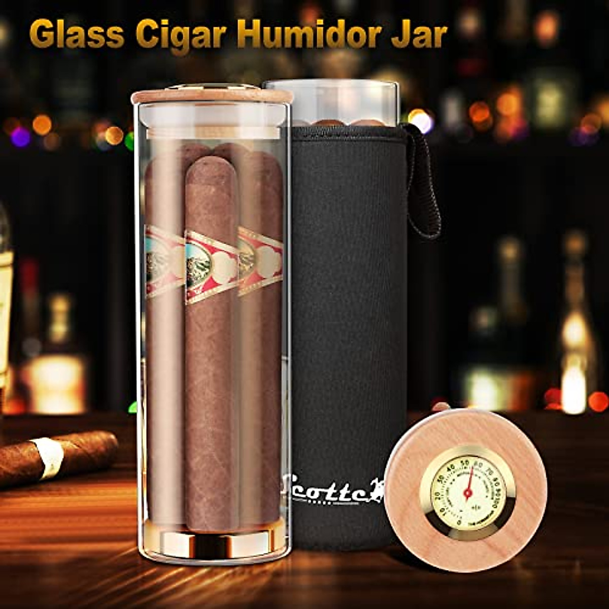 Scotte Cigar Case Humidor Gift Box Cigars jar humidifiers-Cigar Hygrometer humidifier-Travel Cigar Tube for 4 to 5 Cigars (Black)
