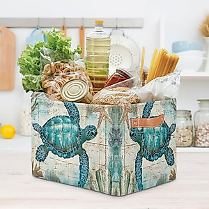 Sea Turtle Retro Map Storage Basket Bin Nautical Ocean Starfish Large Fabric Toys Storage Cube Box with Handles Collapsible Closet Shelf Cloth Organizer Basket for Nursery Bedroom Gift