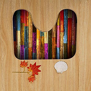 Shower Curtains with Bath Rugs Non-Slip Soft Toilet Lid Cover for Bathroom ,Waterproof Home Tub Curtains Sets with Memory Foam Rugs ,3D Print Durable Polyester Fabric Four-Piece Colored Wood