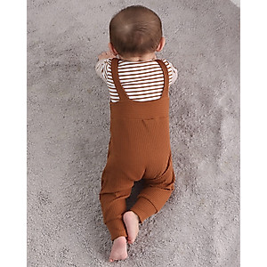 YUEMION Baby Boy Clothes 3 6 Months Newborn Infant Boy Outfits 2Pcs Stripe Top Romper Pants Set Overalls Toddler Boy Clothes(Brown, 3-6 Months)