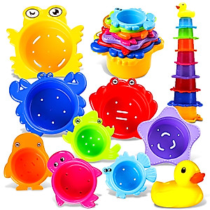 Stacking Cups Bath Toys for Toddlers, Rainbow Bath Cups for Baby 1-3 Years Old, Safe Infant Nesting Cups with Rubber Duckie for Fun Bath Time, Birthday Stocking Stuffers Early Learning Educational Toy