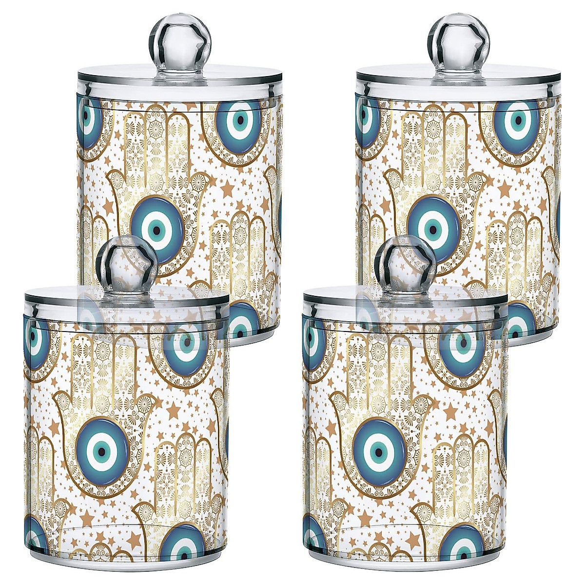 Vnurnrn Evil Eye Hand Clear Plastic Jar Set for Cotton Ball Cotton Swab Cotton Round Pads Floss, Bathroom Canisters Storage Organizer, Vanity Makeup Organizer 2 Pack
