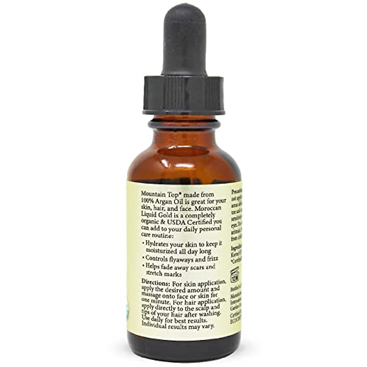 MOUNTAIN TOP Argan Oil USDA Organic 100% Pure Cold Pressed Unrefined - Premium Grade Pure Moisturizer for Dry & Damaged Skin, Hair, Face, Body, Scalp & Nails