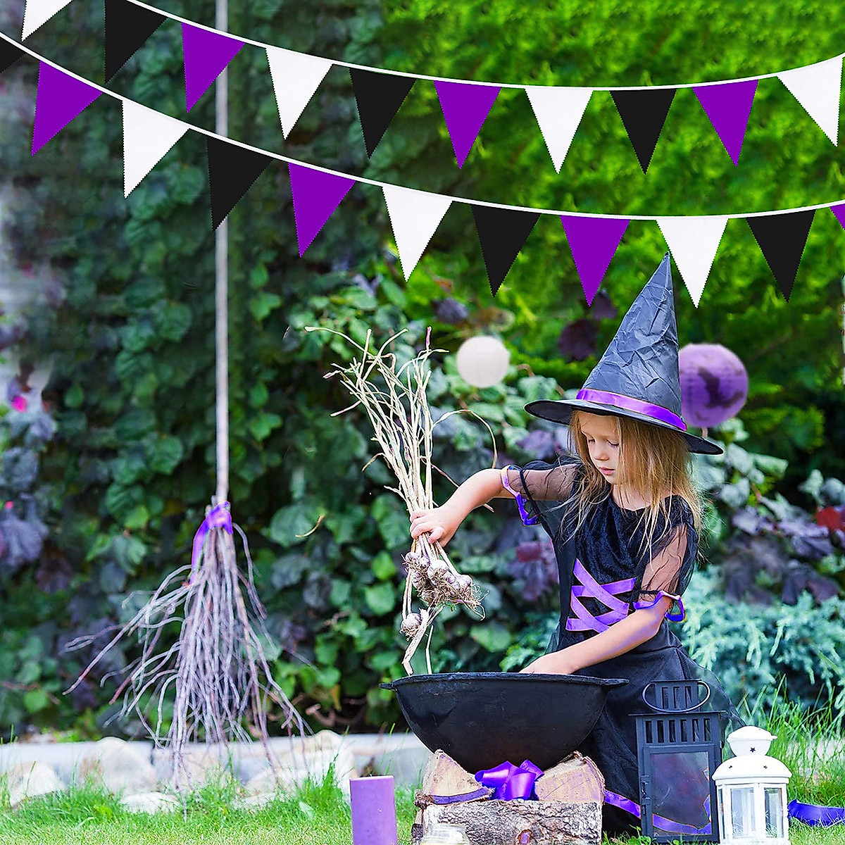 32Ft Purple Black White Graduation Party Decorations 2023 Halloween Pennant Banner Fabric Triangle Flag Bunting Garland for Wedding Birthday Home Nursery Outdoor Garden Hanging Festivals Decoration