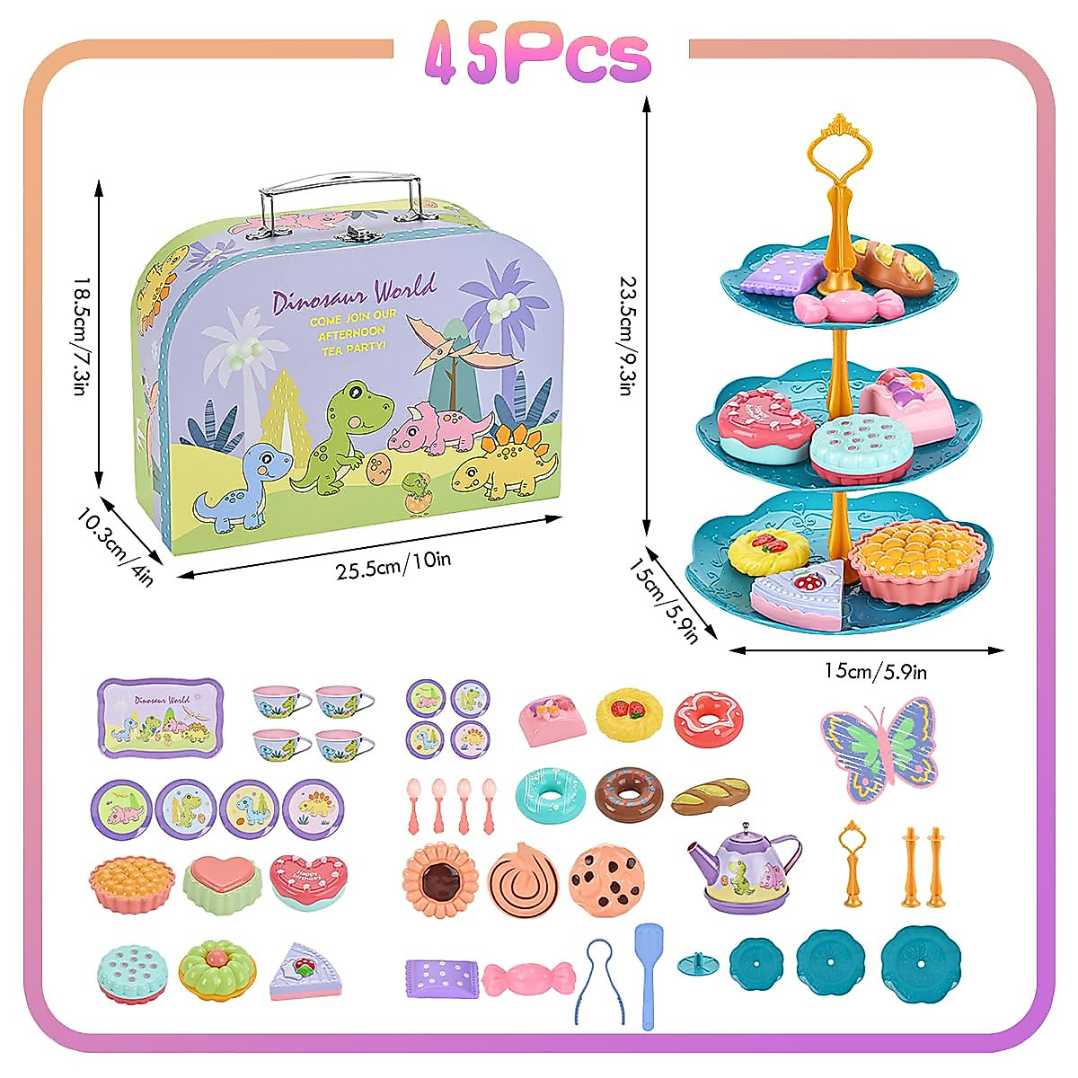 Yosamy 45Pcs Tea Party Set for Little Girls Princess Tea Time Toy Playset Ocean/Dinosaur Theme Kids Tea Set with Desserts & Carrying Case Kitchen Pretend Toy for Kids Toddlers Age 3 4 5 6 (Dinosaur)