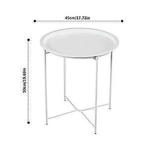 HOME BI Small Round End Table, Accent Side Table Nightstand with Removable Tray Top for Living Room Bedroom, Folding Mini Coffee Table, All Metal Frame, No Assembly Required, White