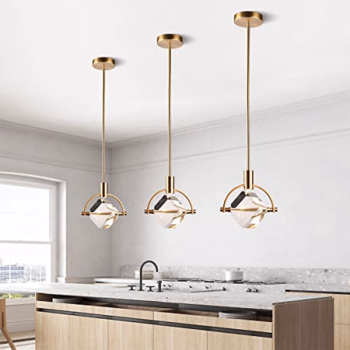 Camastar Brass Pendant Light, Cube Crystal Pendant Light Fixture for Kitchen Island, Modern Small Pendant Ceiling Dimmable Light for Dining Room, Vanity Pendant Haging Light for Bedroom