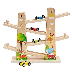 Car Ramp Toys for Toddlers | Wooden Car Track for 1 2 Year Old with 4 Cars & Race Tracks | Montessori Toys Gift for Toddlers Boys and Girls (yellow)