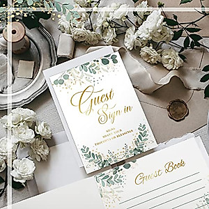 Wedding Guest Book Set Wedding Memory Book Lined Wedding Registry Guestbook with Gold Pen and Holder, Guest Sign in Table Card, Hard Cover with Gold Foil, for Baby Bridal Shower,7x9inch (Eucalyptus)