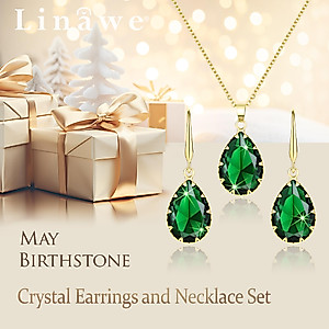 Linawe Emerald Crystal Jewelry Sets for Women, Gold Pendant Necklace Set, Green Diamond Drop Dangle Earrings Set, Boho Rhinestone Matching Jewelry for Wedding Bridal Bridesmaid