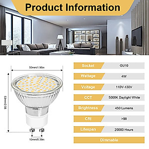 GU10 LED Light Bulbs Dimmable Daylight White 5000K 4W 2 Prong Light Bulbs Halogen Replacement Lamp 50W 40W MR16 (GU10 Base) Spotlight Track Lighting Bulb, 450LM 120° Flood Beam Angle, Pack of 6