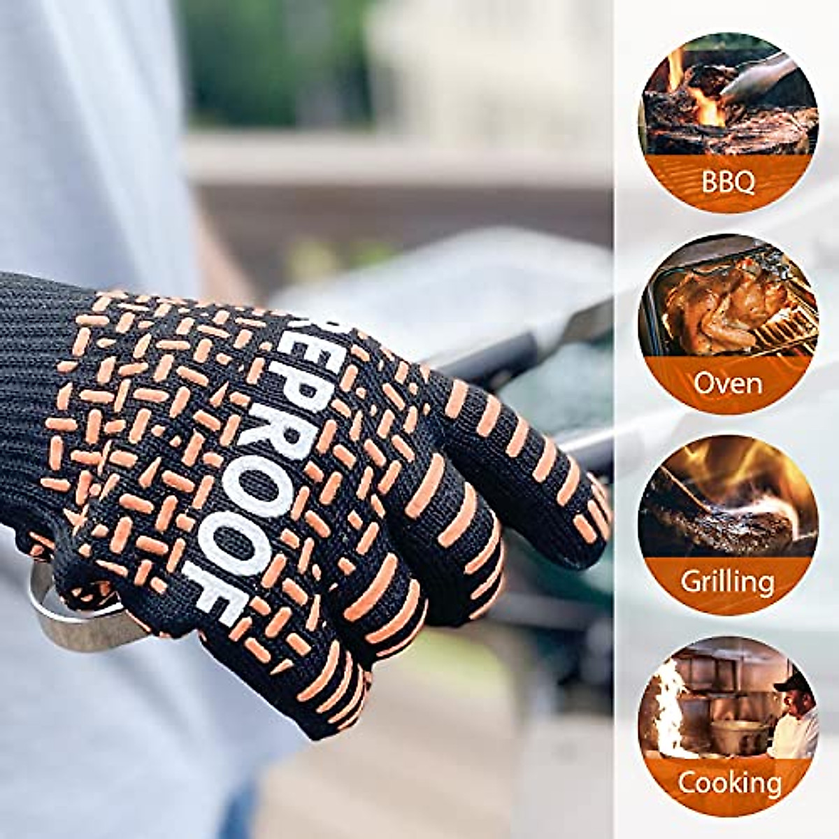 Sonemone BBQ Gloves 1472°F Extreme Heat Resistant Grilling Gloves, Silicone Non-Slip Oven Gloves for Indoor/Outdoor Cooking, Barbecue, Cutting, Frying, Baking,1 Pair (Black & Orange)