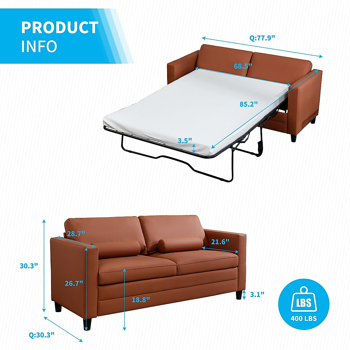 Horgaeo Full Size Pull Out Sofa Bed, 2-in-1 Sleeper Sofa with Cat Scratch Resistant Leather Fabric, Modern Loveseat Couch Bed with Fold Out Mattress for Living Room/Guestroom(Cognac Tan)