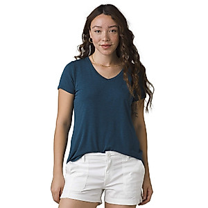 prAna Women's Foundation Short Sleeve V-Neck, Atlantic Heather, Medium