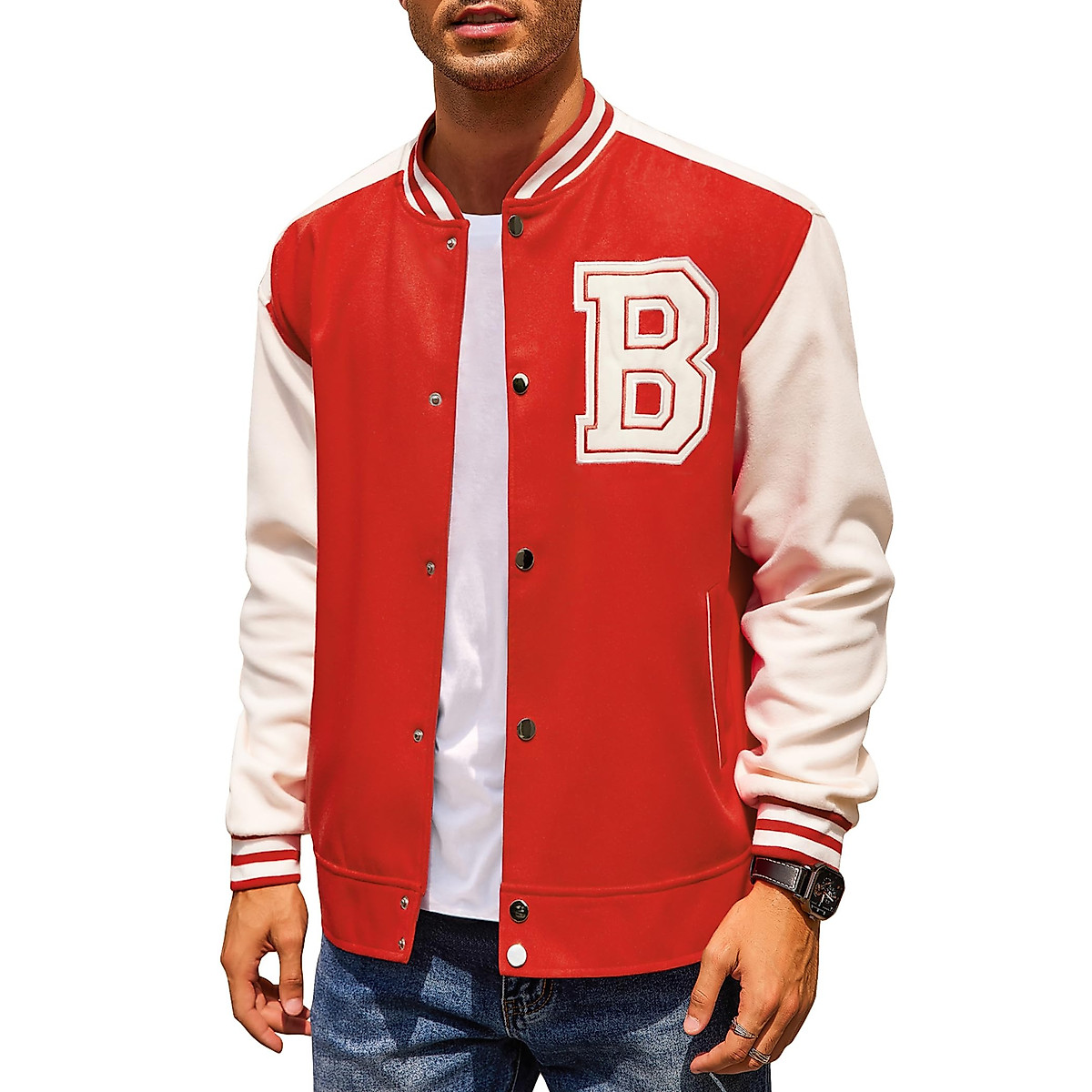 COOFANDY Men Varsity Jackets High School Letterman Jacket Wool Bomber Jacket Casual Jacket Red