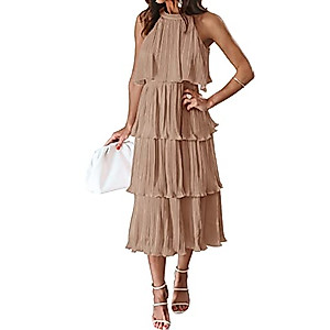 ZESICA Women's 2023 Summer Sleeveless Halter Neck Ruffle Tiered Layed Chiffon Flowy Swing Long Midi Dress,Khaki,Large
