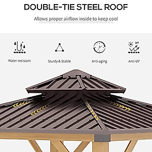 Outsunny 10' x 10' Hardtop Gazebo with Galvanized Steel Double Roof, Wooden Frame, Permanent Pavilion with Ceiling Light Hook, for Garden, Patio, Backyard