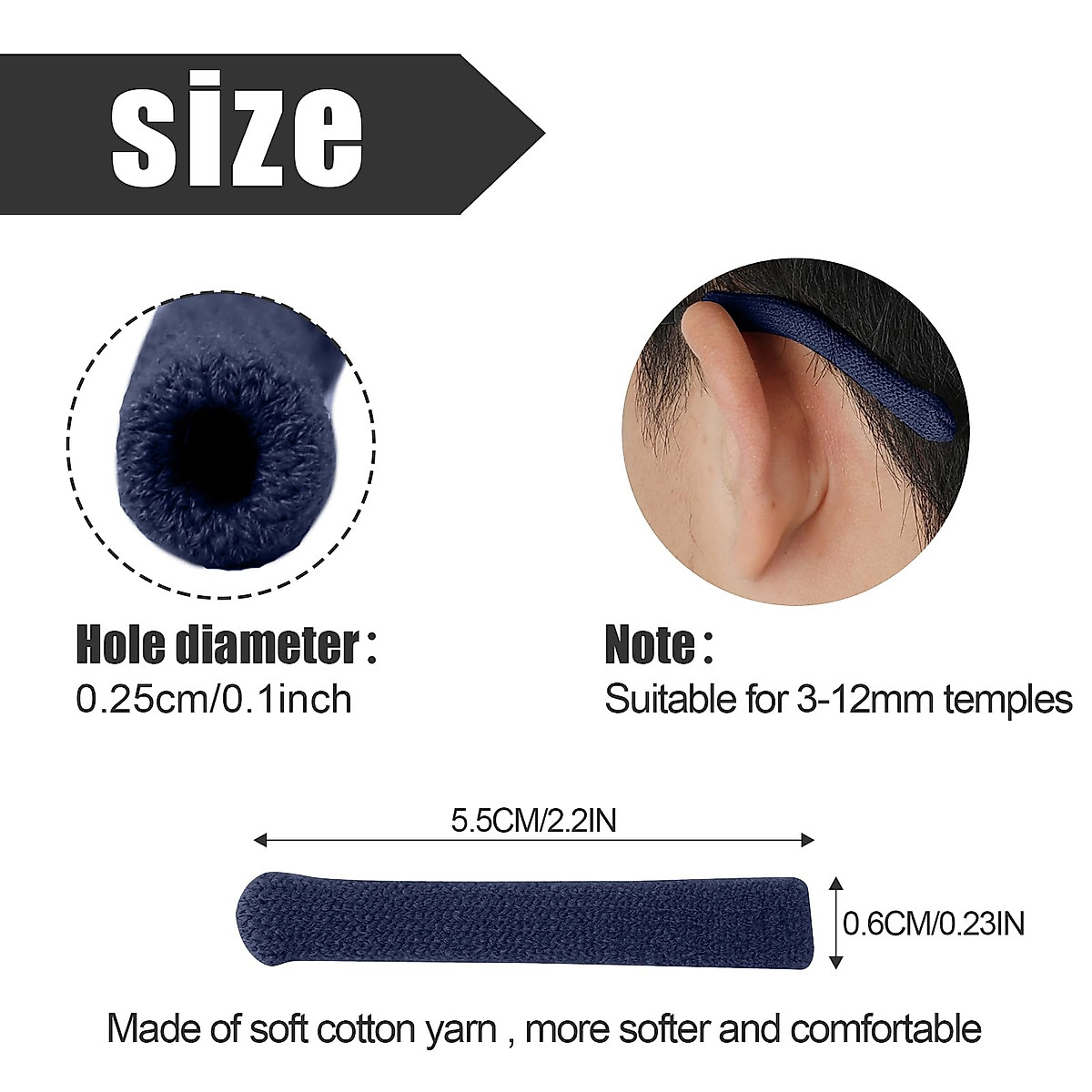 PEUTIER 4pcs Eyeglass Ear Cushions, Knitted Cotton Anti Slip Temple Pads Eyeglass Temple Tips Eyeglass Ear Pads Eyewear Retainer Glasses Arm Sleeve for Sunglasses Glasses Reading Glasses (Navy Blue)
