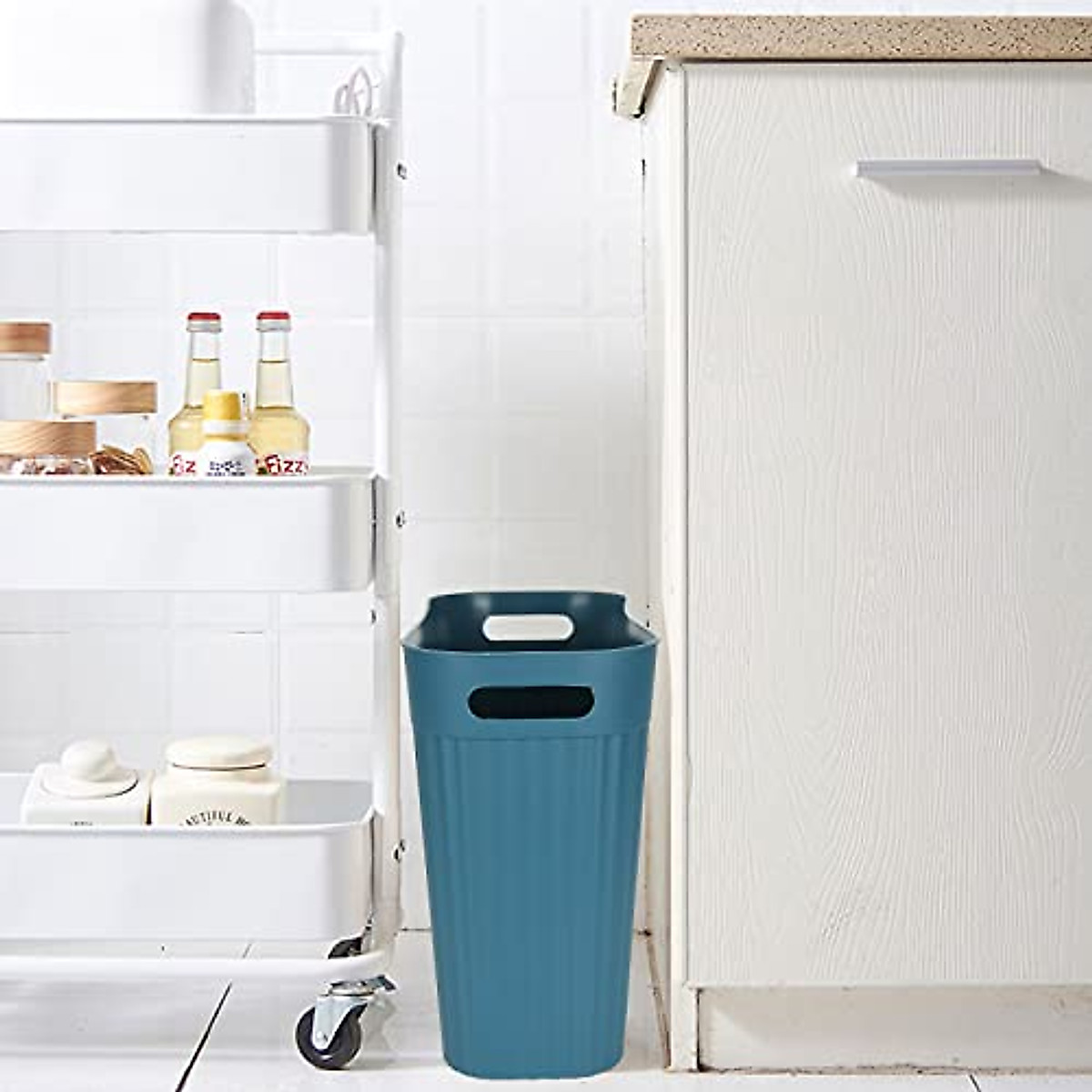 ZOFORTY 3 Pack Slim Plastic Trash Can Wastebasket 3 Gallon Garbage Container Bin with Handles for Bathroom, Kitchen, Office, Dorm (Blue, Rectangular)