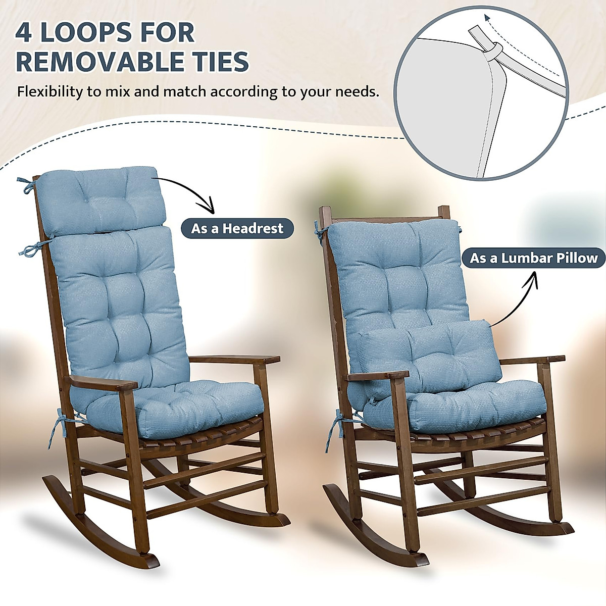 mudilun Rocking Chair Cushion Anti-Slip Tufted High Back Rocking Chair Cushion with Ties and Removable Neck Pillow Rocking Chair Seat Cushions for Bedroom, Living Room, Baby Room, Outdoor Patio Chair