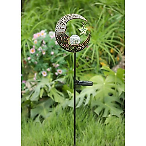 Hapjoy Solar Lights Outdoor Garden Decor Solar Moon Lantern for Patio,Lawn or Pathway Moon Decorations Crackle Glass Globe Stake Metal Lights Waterproof Warm LED Garden Gifts (Bronze)