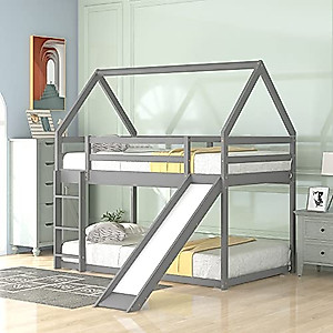 Merax Twin Size House Bunk Bed with Slide and Ladder, Twin Over Twin Wooden Bed Frame with Roof, Wood Bunk Bed for Teens, Boys, and Girls, Grey