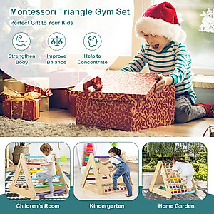 Costzon 4 in 1 Climbing Toy for Toddlers, 3-Sided Montessori Wooden Triangle Climber with Sliding Ramp, Climbing Net & Board, Kids Boys Girls Indoor Gym Playset Gift for Home, Daycare